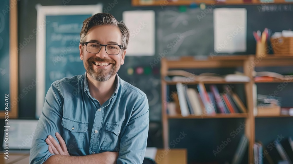 Smiling teacher in a modern classroom setting with crossed arms and ...