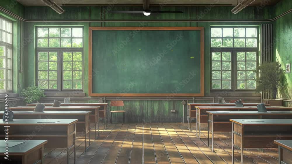 Empty classroom with desk, tables, chalkboard and chairs, at school or ...