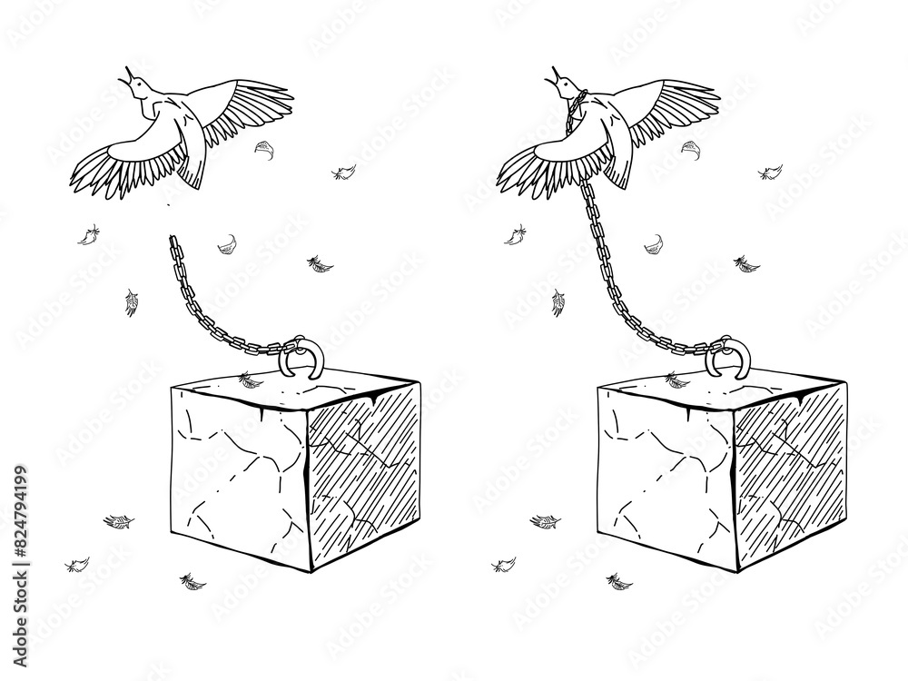 Linear sketch bird chain around its neck chained stone symbol of ...