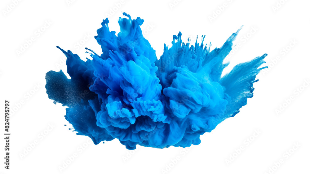 Color powder blue explosion splash of paint dust with particles cloud ...