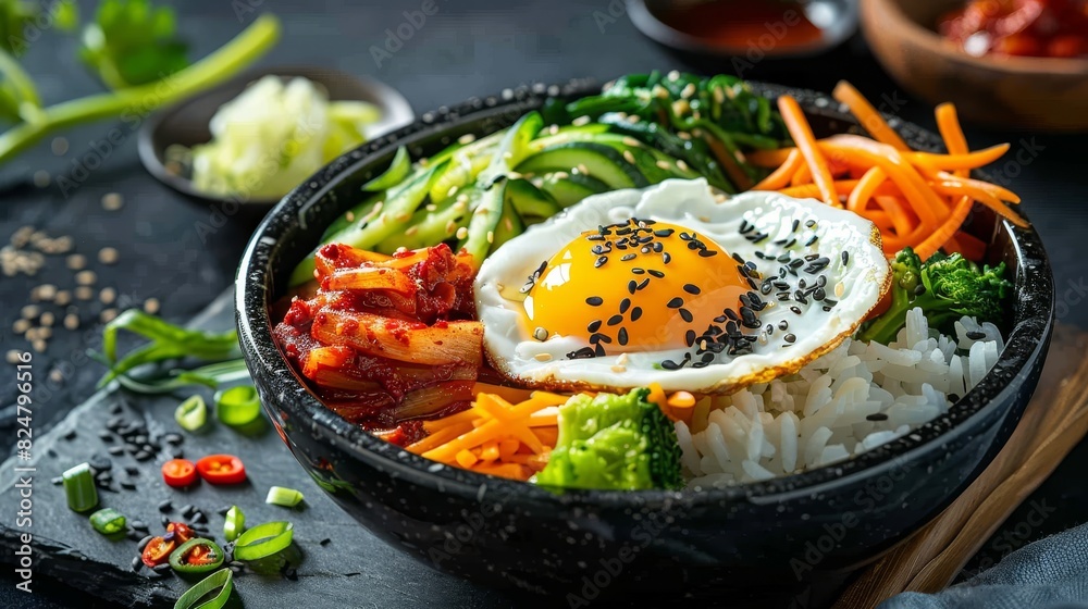 A steaming bowl of Korean bibimbap, with colorful vegetables, a fried ...