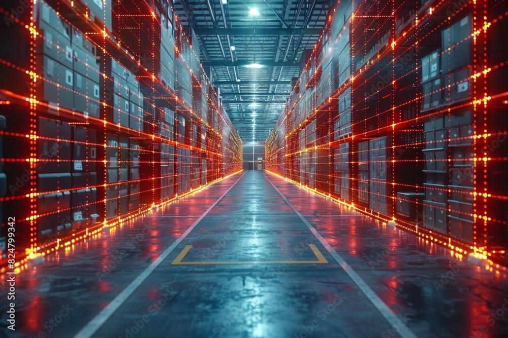 ภาพประกอบสต็อก interior of logistic warehouse scanning with 3D scanner ...