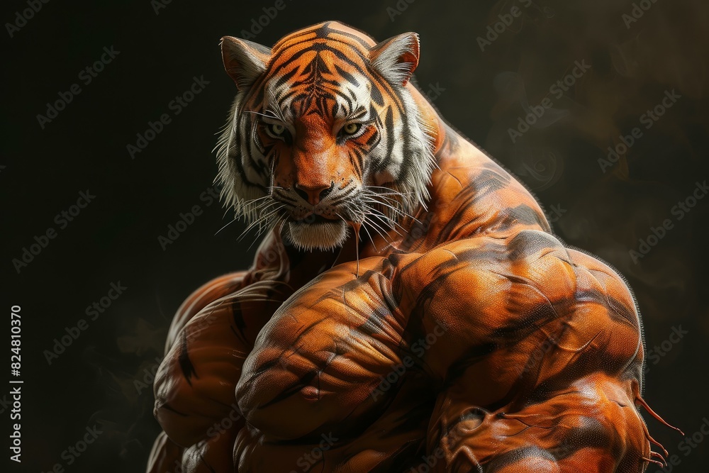 Artistic composite image blending a powerful tiger's face with an ...