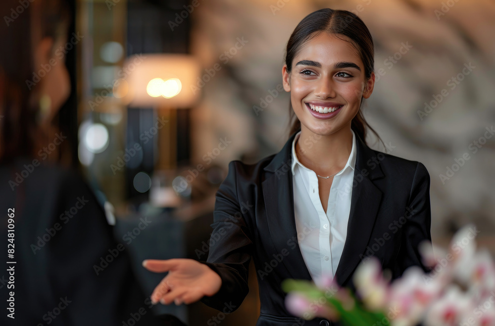 a smiling female hotel receptionist wearing a black suit and white ...