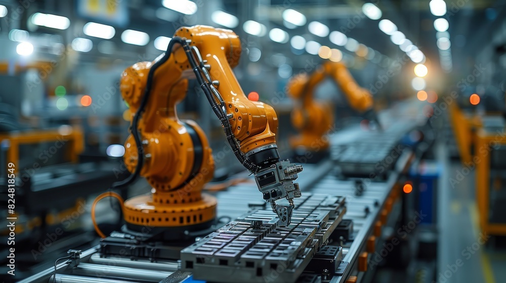 An advanced industrial robot arm operates on a manufacturing line in a ...