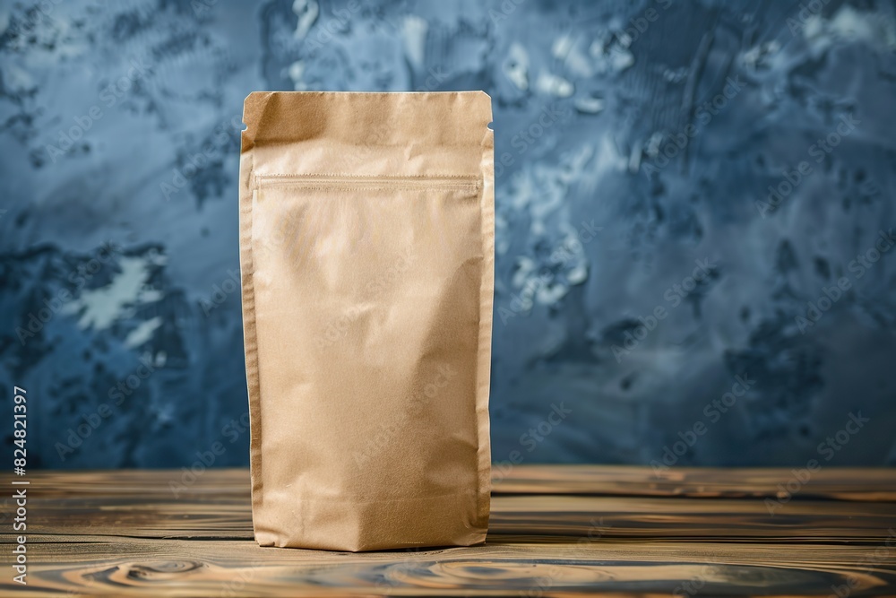 Mock up of one brown paper zip bag on wood desk, dark blue wall ...