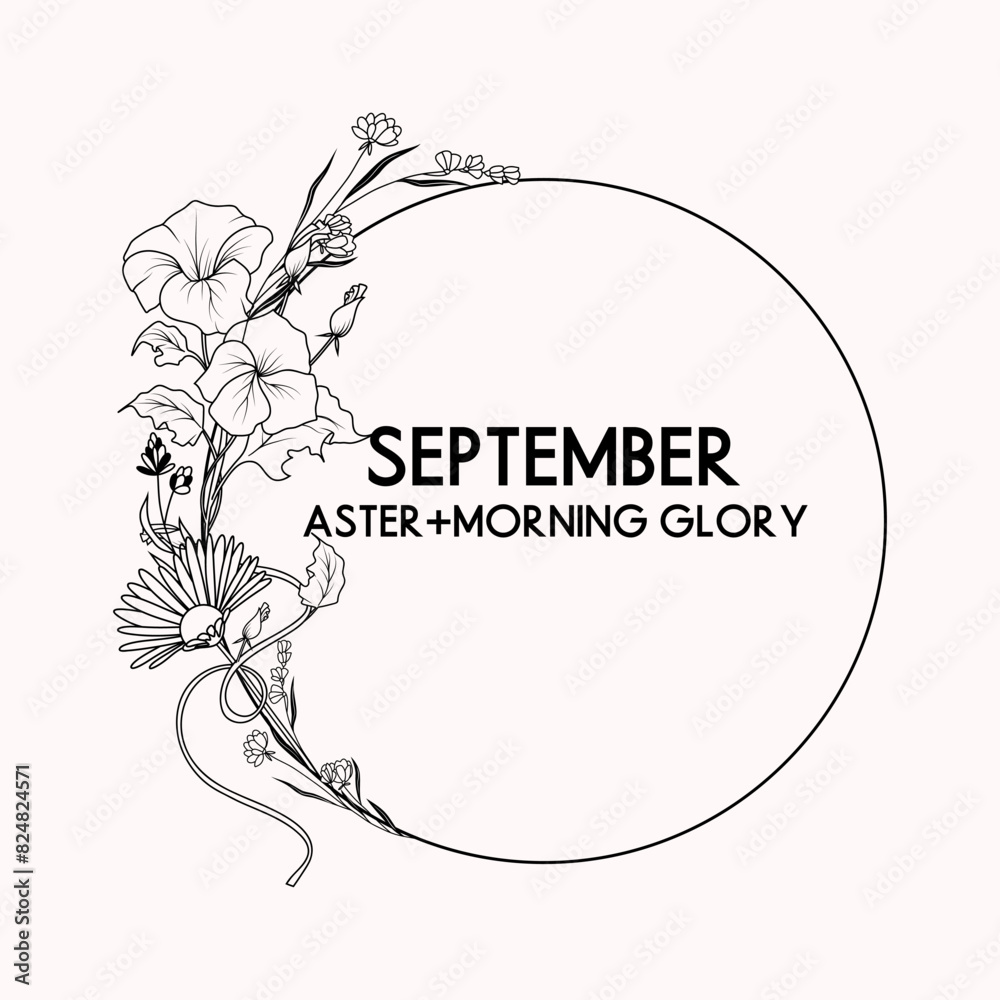 September birth month flower wreath, aster and morning glory flower ...