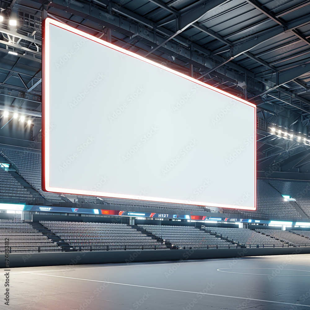Realistic 3D render of a sports arena with a large blank billboard for ...