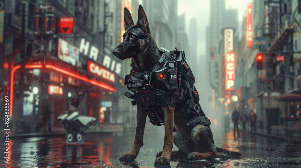 Dog of police with iron armor on city cyberpunk background. Stock ...