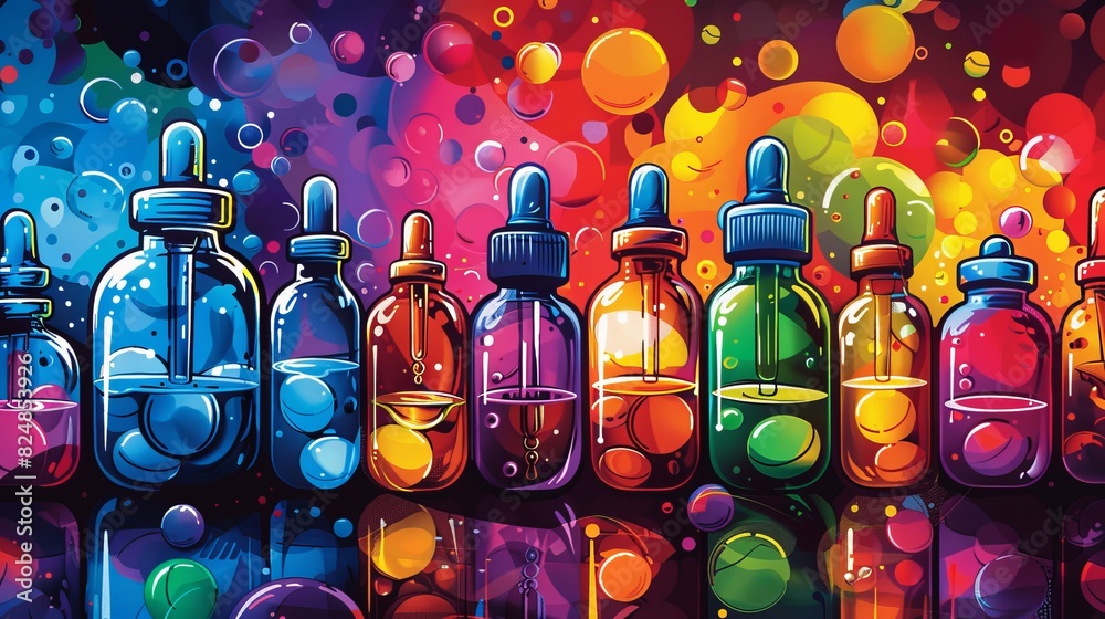Vibrant cartoon illustration of liquid medications with droppers ...