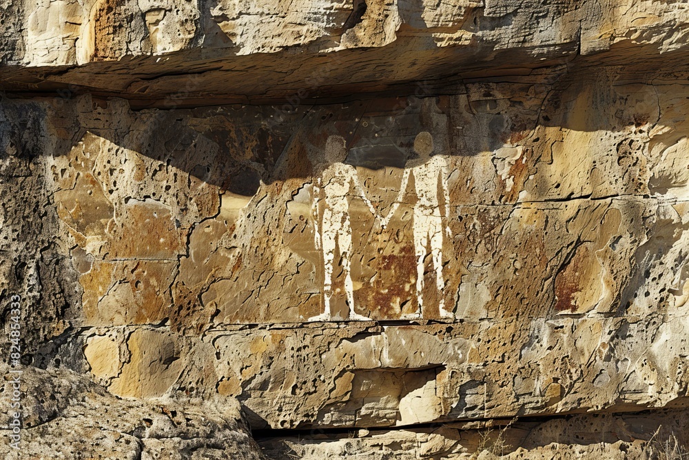 Featuring a rock painting of figures in the australian outback ...