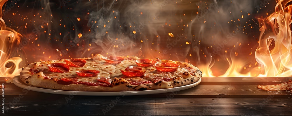 pizza on plate on fire background, italian fast food restaurant, tasty ...