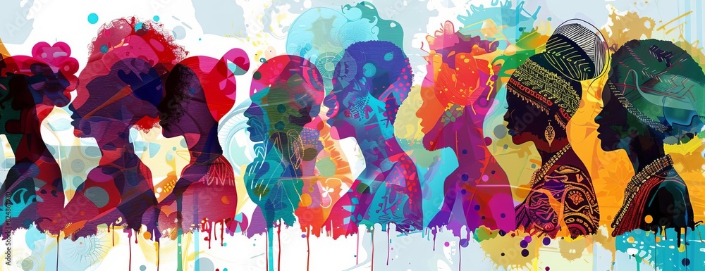A group of diverse women of color in silhouette with colorful abstract ...
