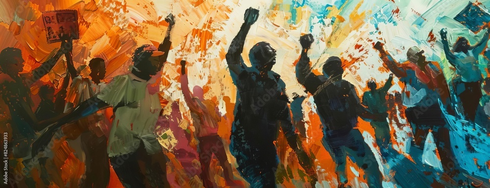 A painting of a protest, with people holding signs and chanting. The ...