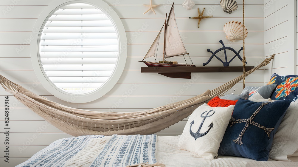 A nautical-themed bedroom featuring a shiplap wall and a hammock strung ...