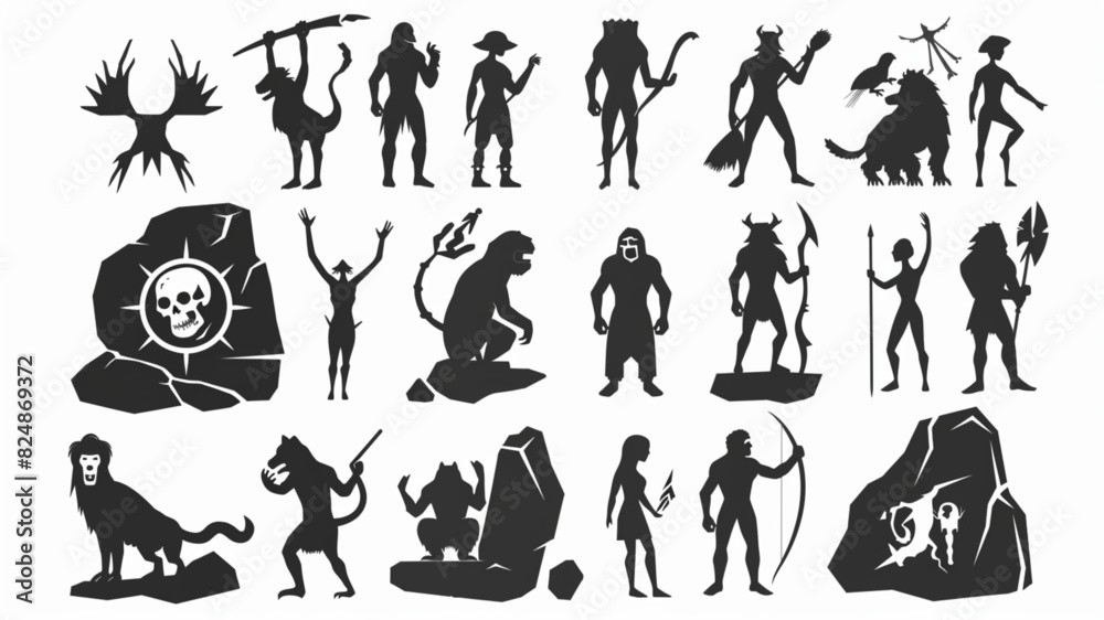 Vector set of rock paintings of prehistoric humans, animals, weapons ...