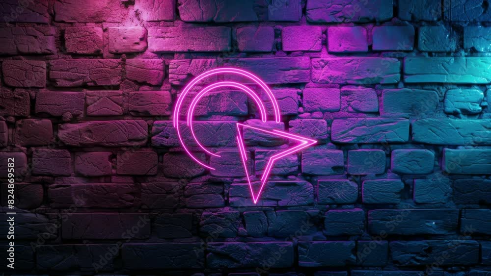 Video footage of Pink glowing Mouse Click Icon neon icon on brick wall ...