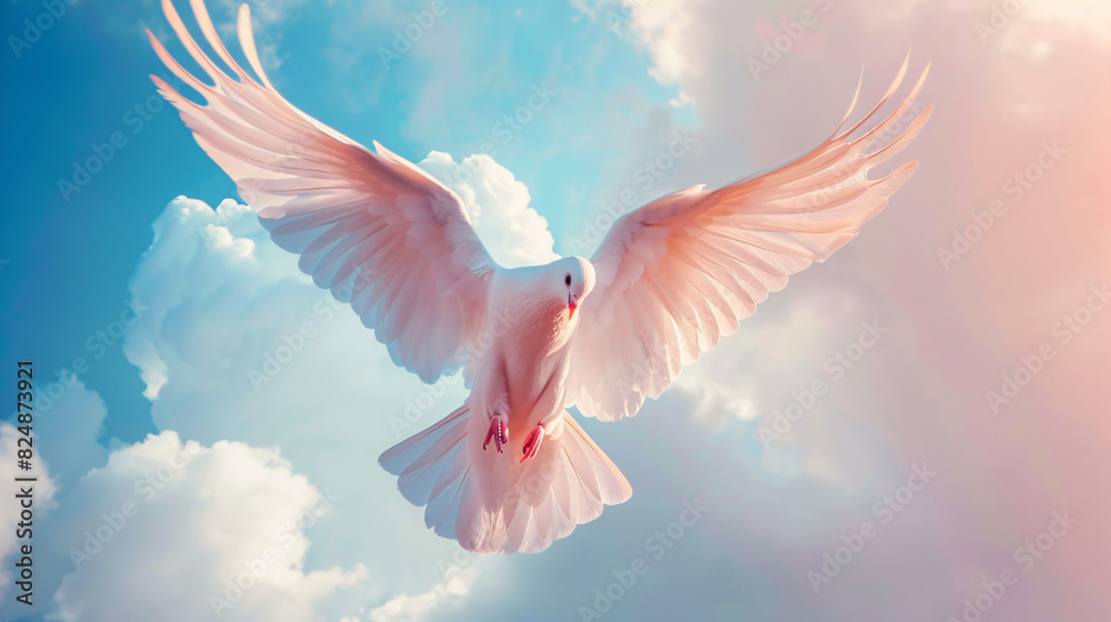 White dove soaring in the clouds. A beautiful white dove with wings ...