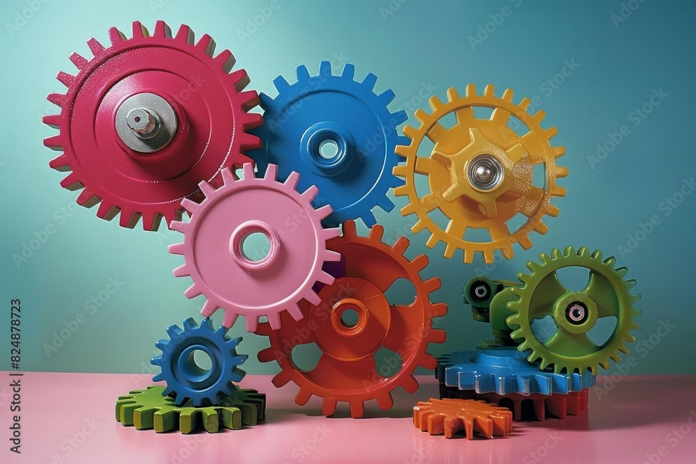 Colorful gears meshing together designed in a flat cartoon style ...