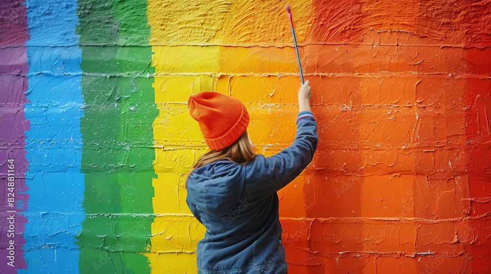 Pride flag being painted on a wall by an artist, vibrant and creative ...