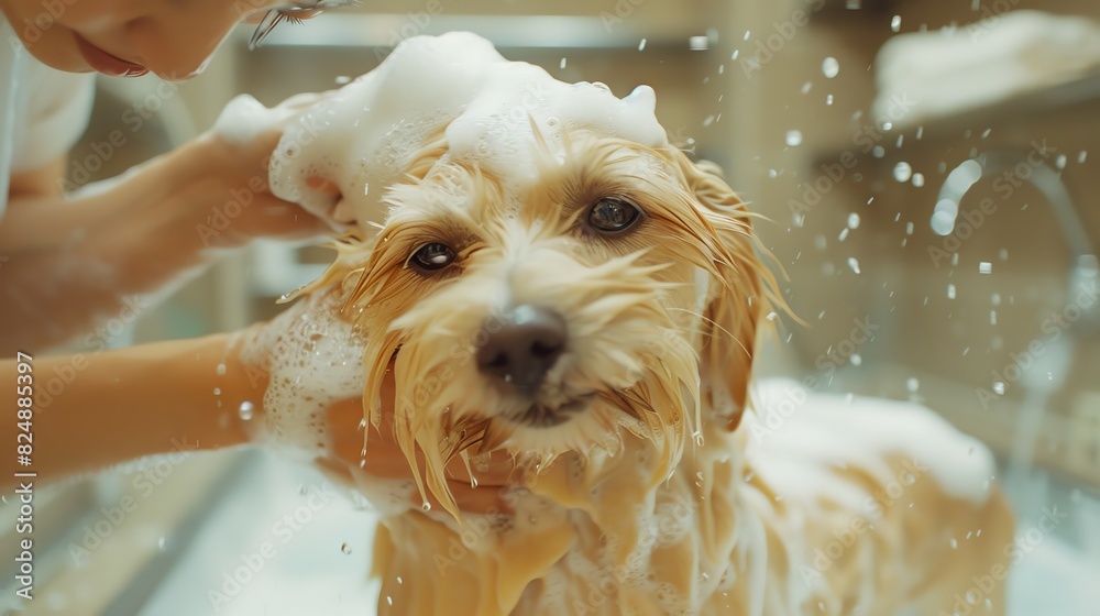 Dog bathing at a professional dog spa, happy and relaxed pets, bright ...
