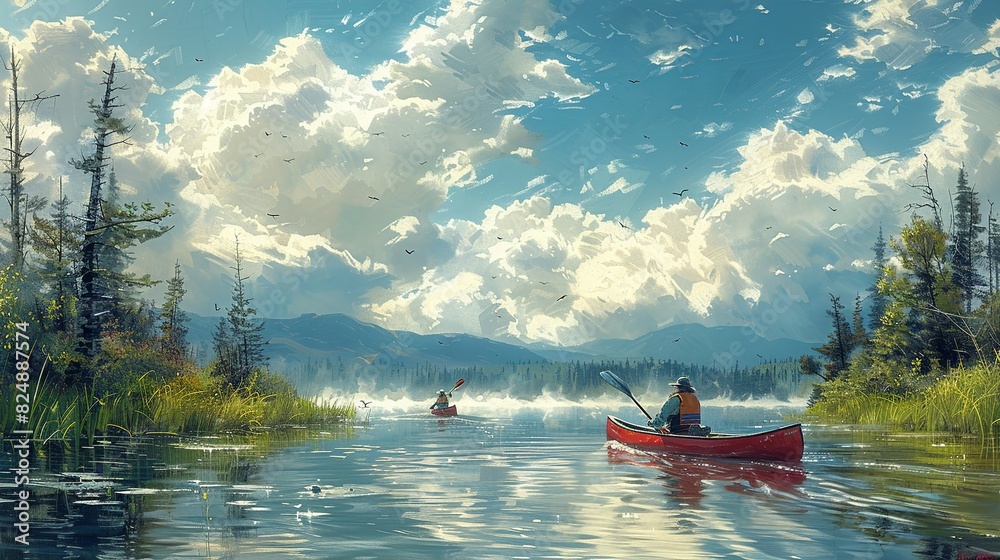 Nature Illustration, Lake Canoeing on a Cloudy Day: A peaceful lake ...