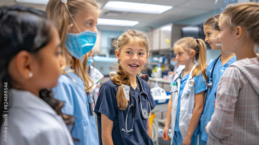 A group of children playing in a mock hospital setup, with roles as ...