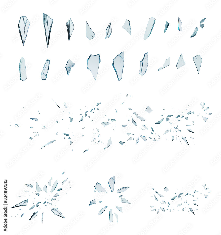 Fragments of broken glass MEGA SET. Isolated glass pieces on ...