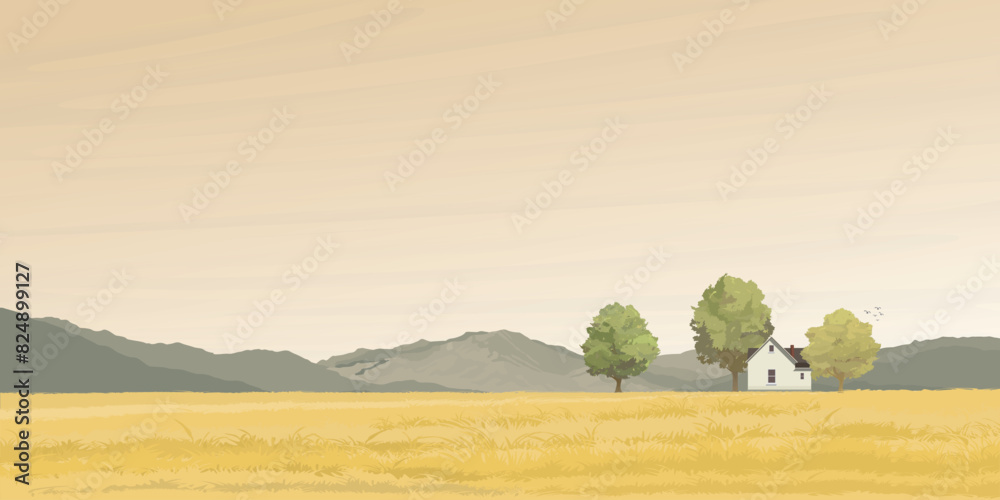 Wheat field with country house, mountain ranges and vanilla sky ...