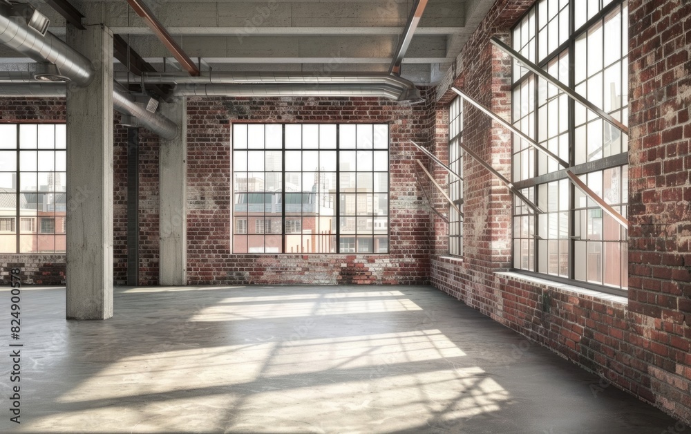 Spacious industrial loft with exposed brick walls and large windows ...