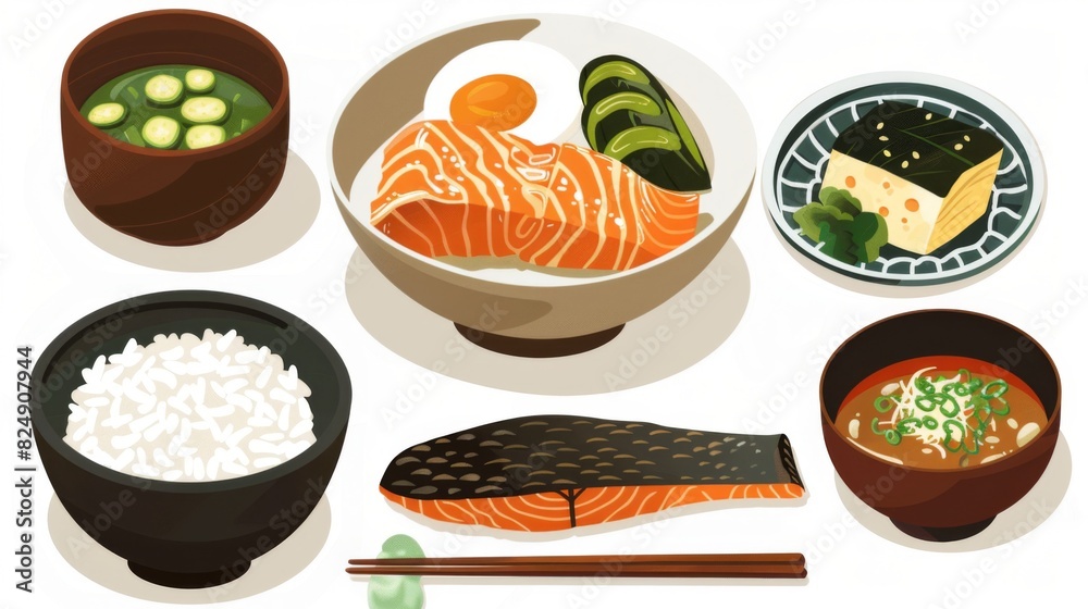 A traditional Japanese breakfast set featuring grilled fish, steamed ...