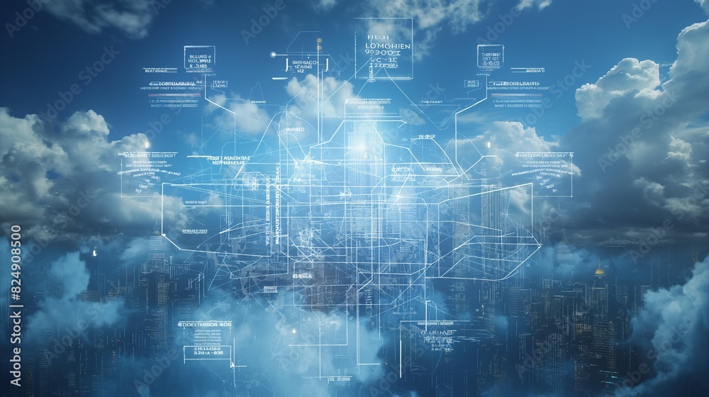 a futuristic city plan with cloudy, dark sky-blue background, digital connections, and floating ...