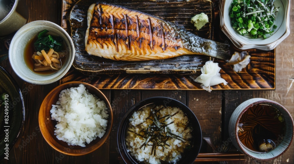 A traditional Japanese breakfast set featuring grilled fish, steamed ...
