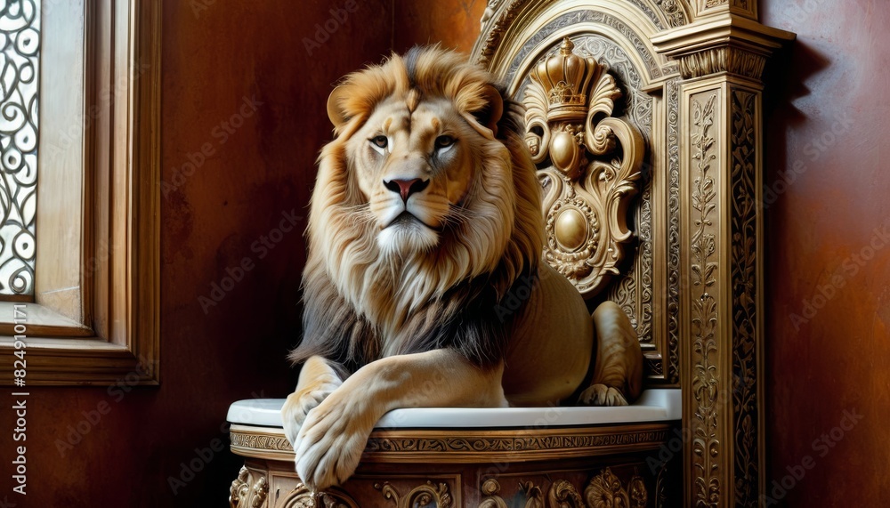 A majestic lion lounges on an ornately decorated throne in a luxurious ...