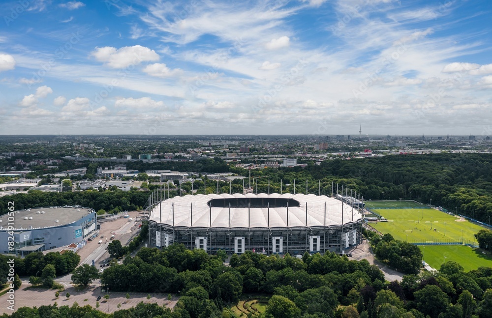 Aerial panoramic summer view of Volksparkstadion, home stadium of HSV ...