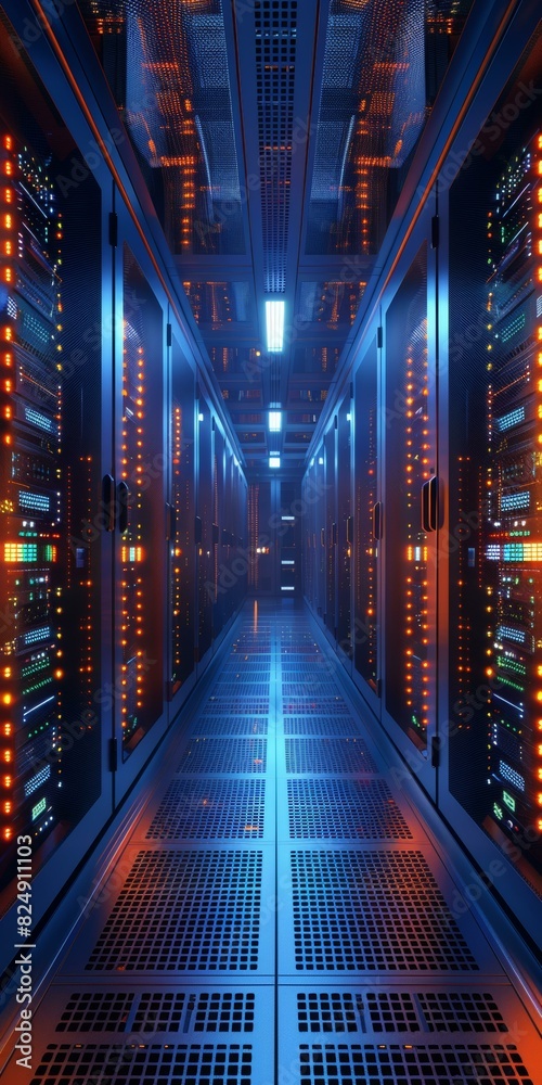 Server room with rows of server racks containing multiple server blades ...