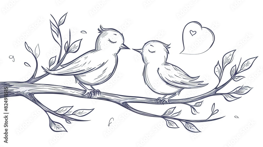 pencil drawing, love between two birds on a tree, cute sketch, AI ...