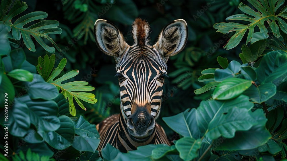 Zooming in on a zebra's face peeking out from under the green canopy of ...
