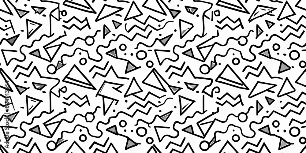 Geometric vector seamless pattern in Memphis style with thin curved and zig zag lines, dots ...