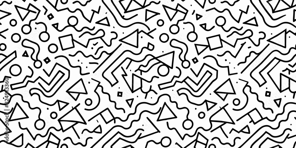 Geometric vector seamless pattern in Memphis style with thin curved and zig zag lines, dots ...