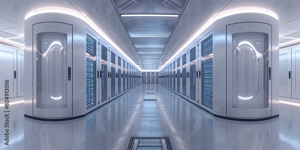 Futuristic data center with rows of server racks containing multiple server blades. Stock ...