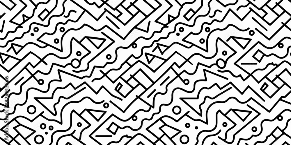 Geometric vector seamless pattern in Memphis style with thin curved and zig zag lines, dots ...