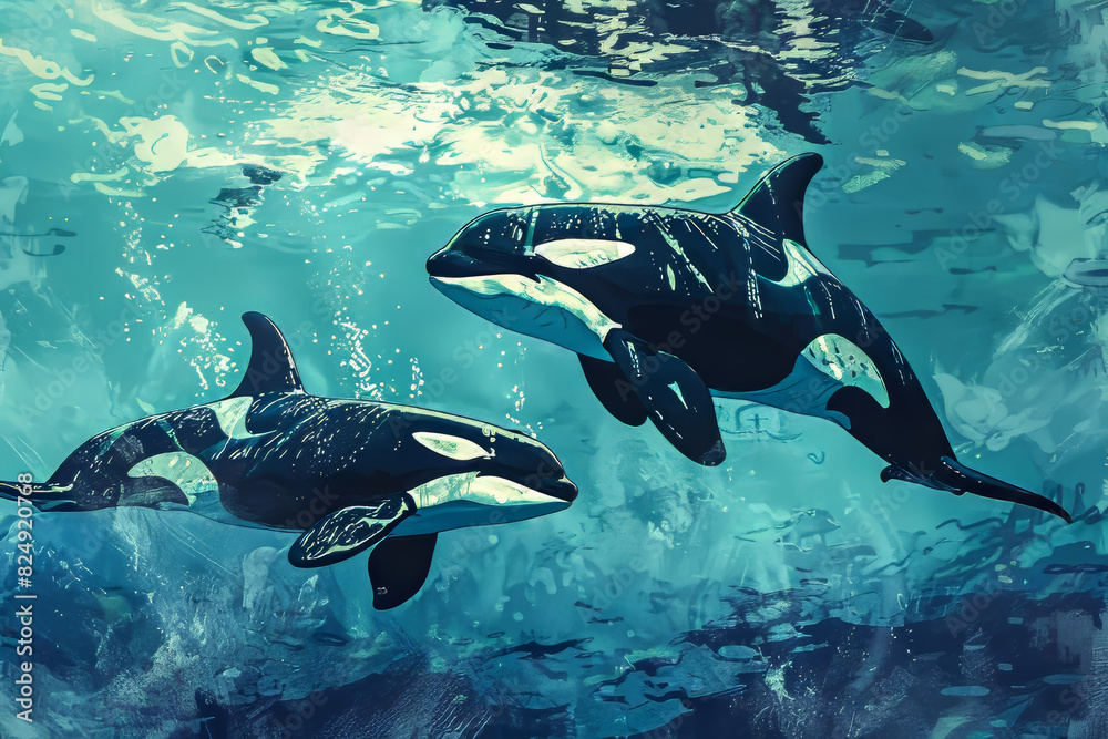 Orcas Swimming Underwater. Generated Image. A digital illustration of a ...