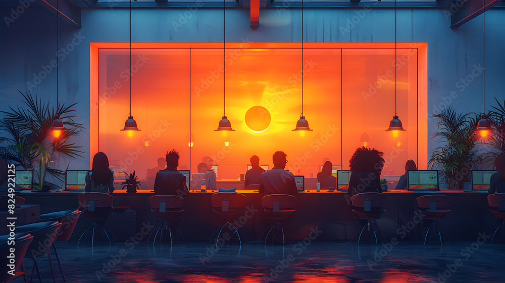 Modern office scene at sunset in workplace diversity and inclusion ...
