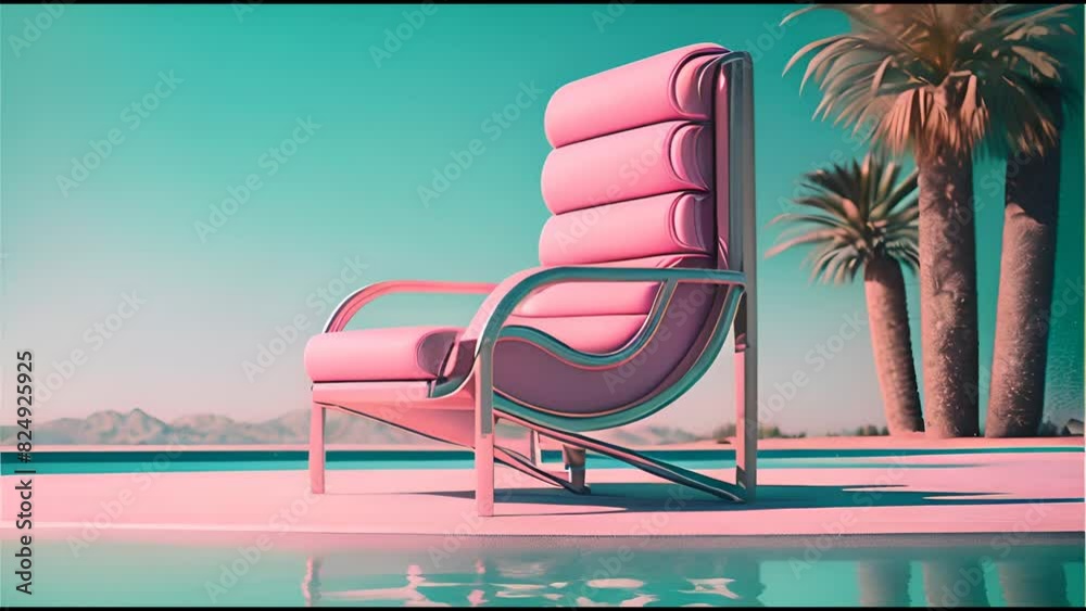 pink lounge chair near swimming pool on luxury resort. 80s pop style ...