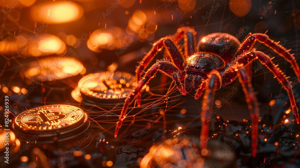 Spider weaving web between Bitcoin stacks, warm LED light, overhead ...