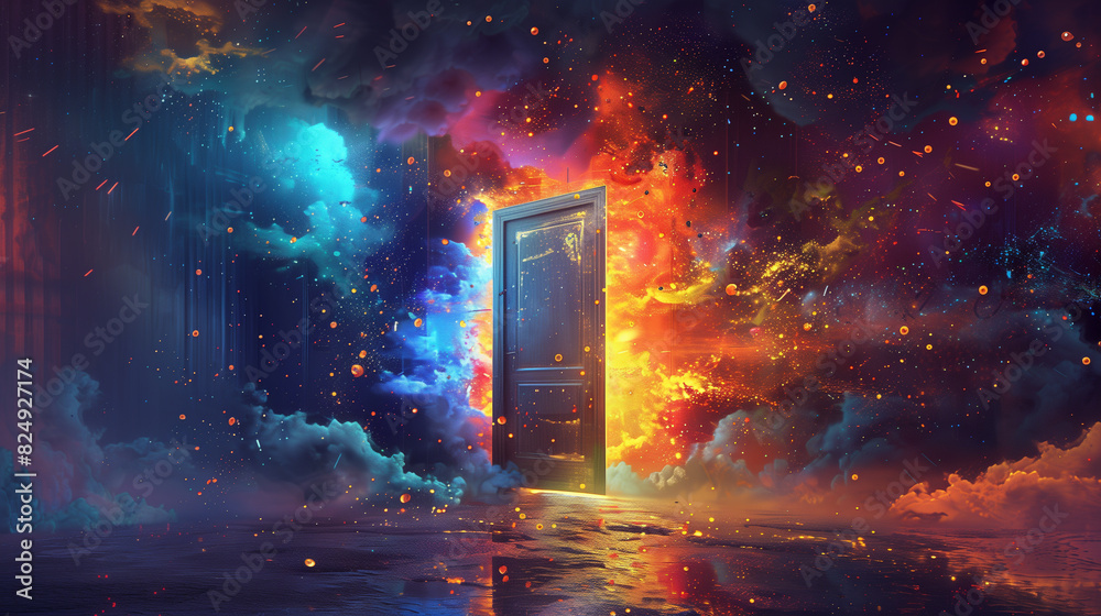 Surreal doorway to outer space with floating planets and clouds Stock ...