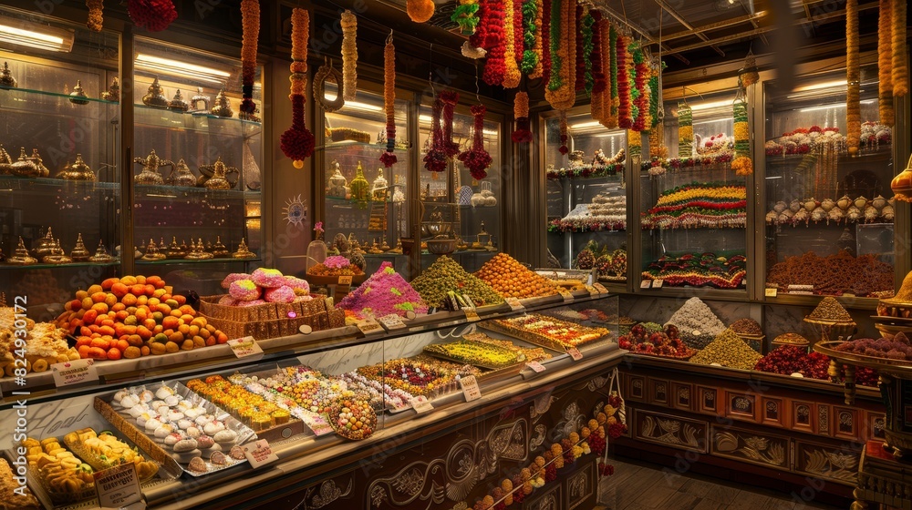 A traditional Indian sweets shop filled with an array of colorful ...