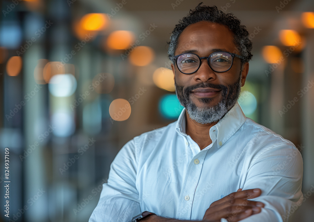 Hombre moreno con barba y gafas 40s - 50s, ejecutivo, con los brazos ...