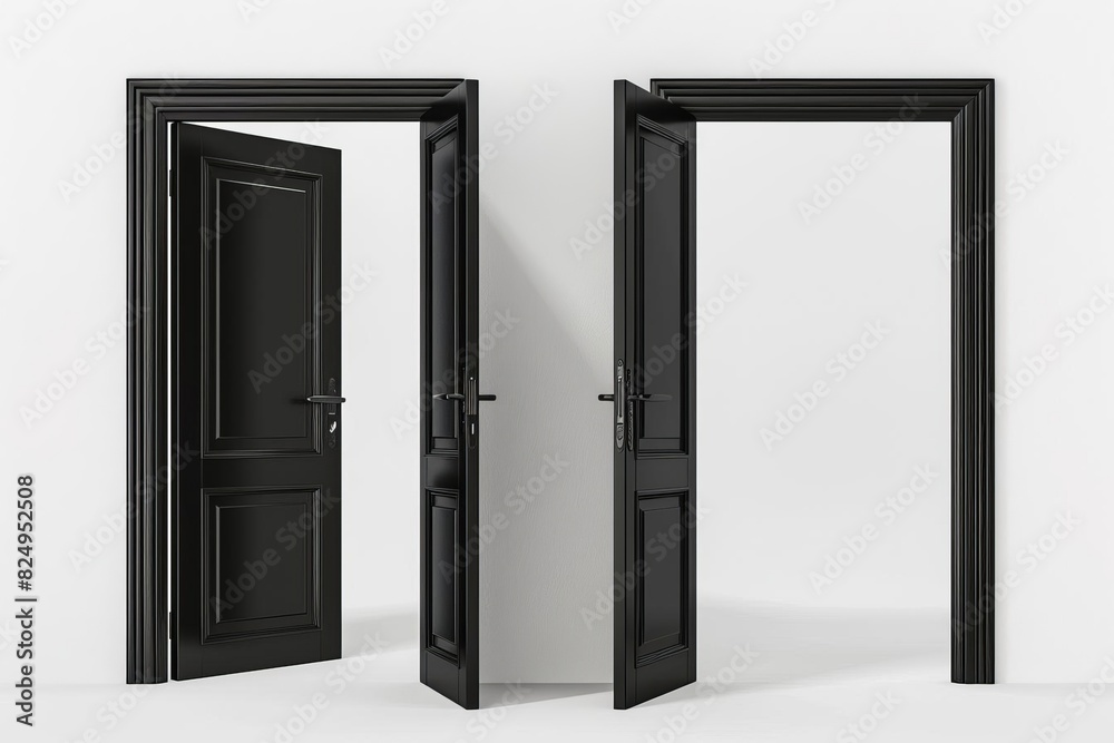 realistic 3d black wooden door frame open and closed with handle and ...